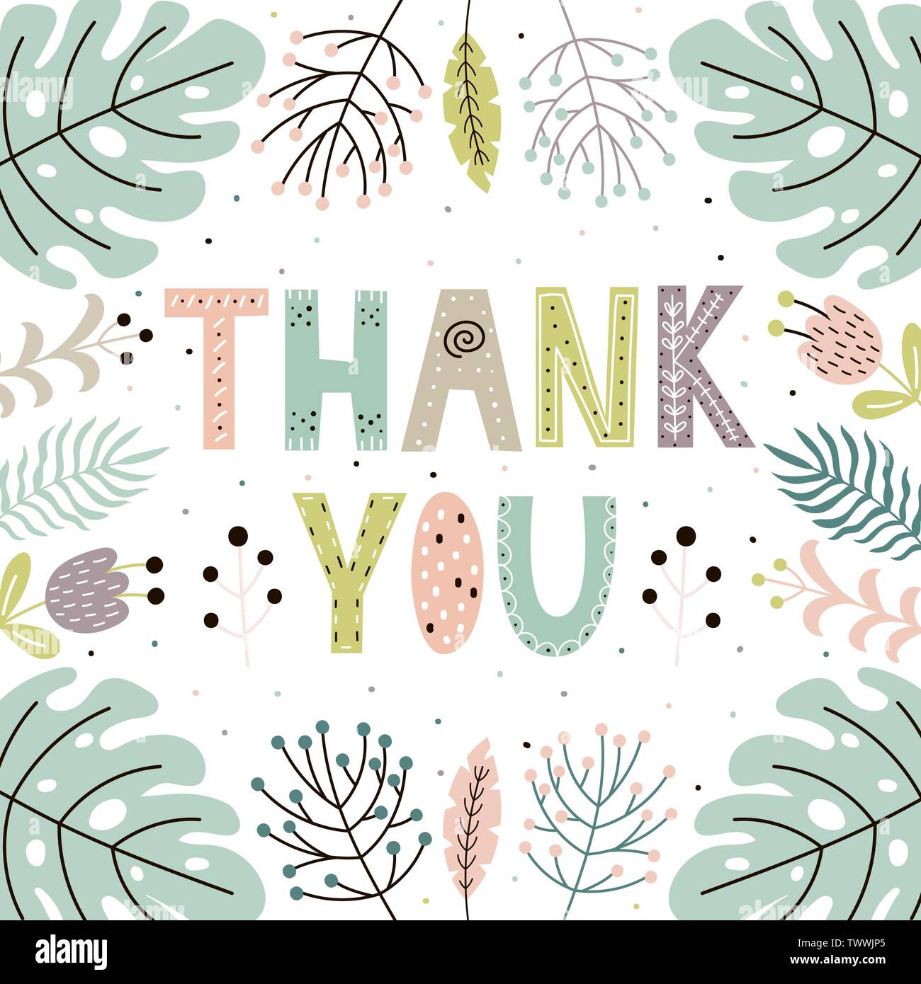 Thank you cute card with hand drawn leaves and plants. Floral ...
