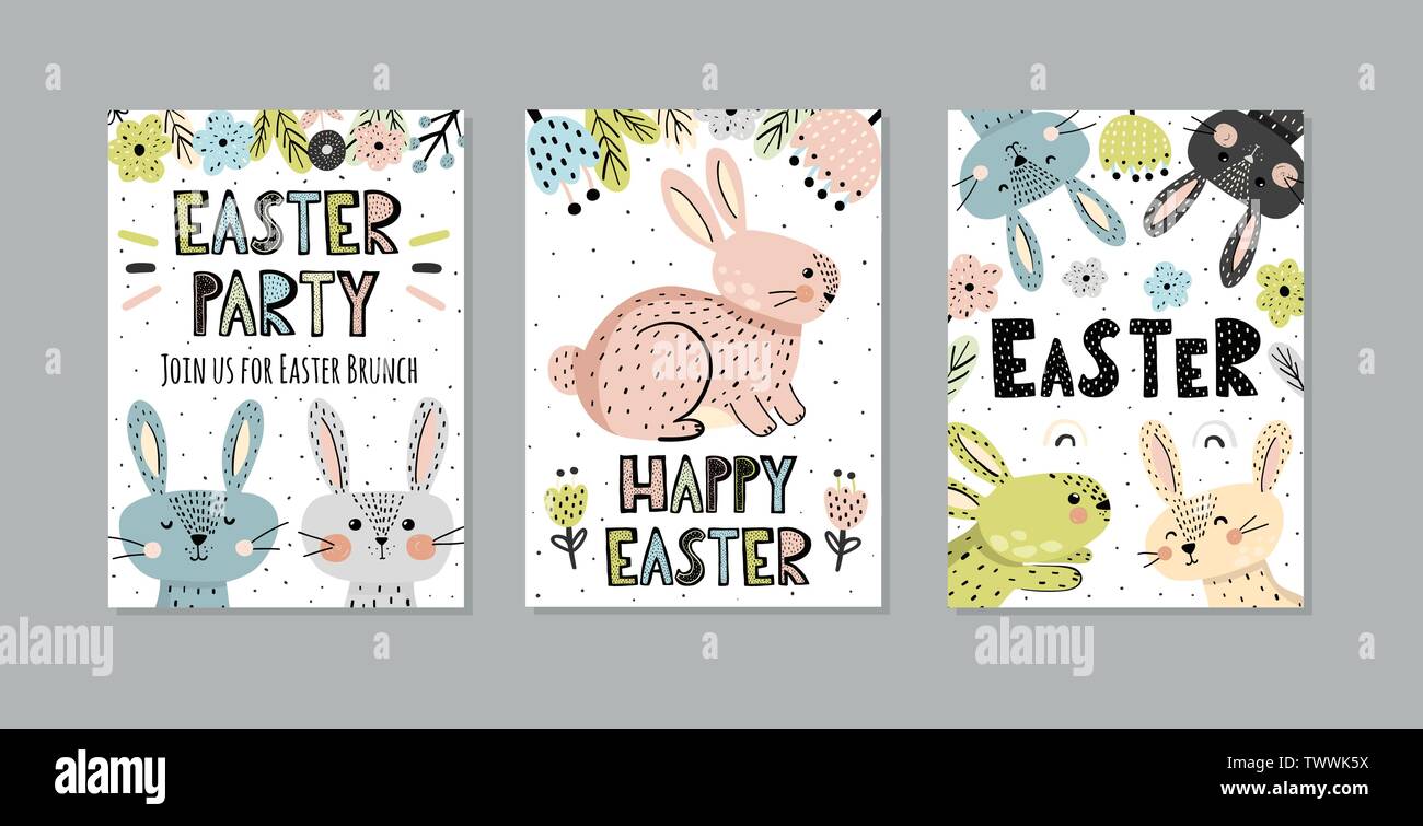 Cute Easter invitations and greeting cards set with funny bunnies in ...