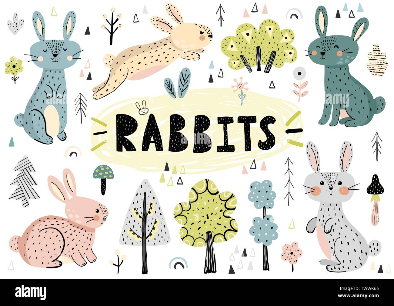 Cute rabbits, trees, plants and other hand drawn elements in ...