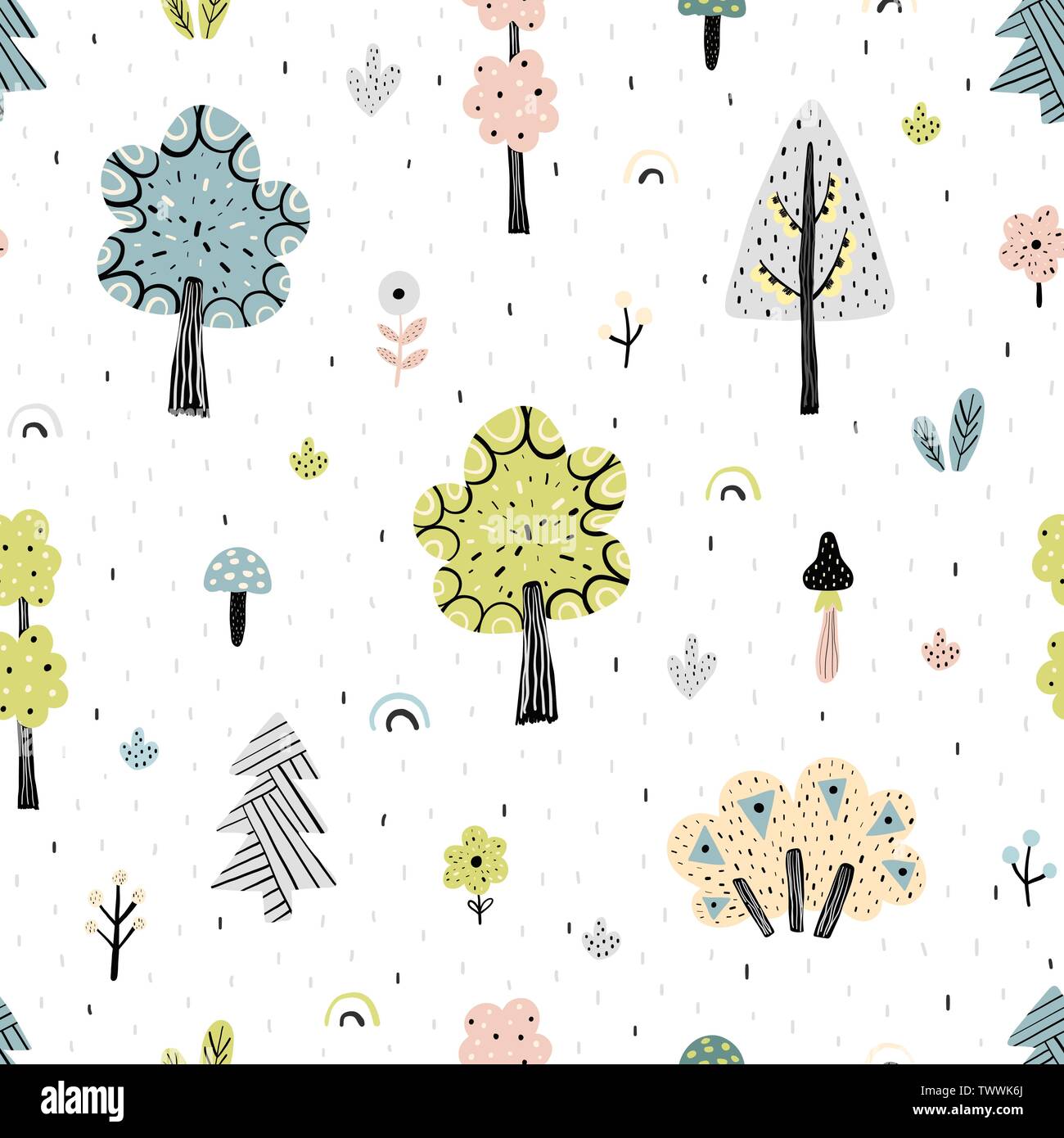 Fantasy forest seamless pattern. Scandinavian background. Vector ...