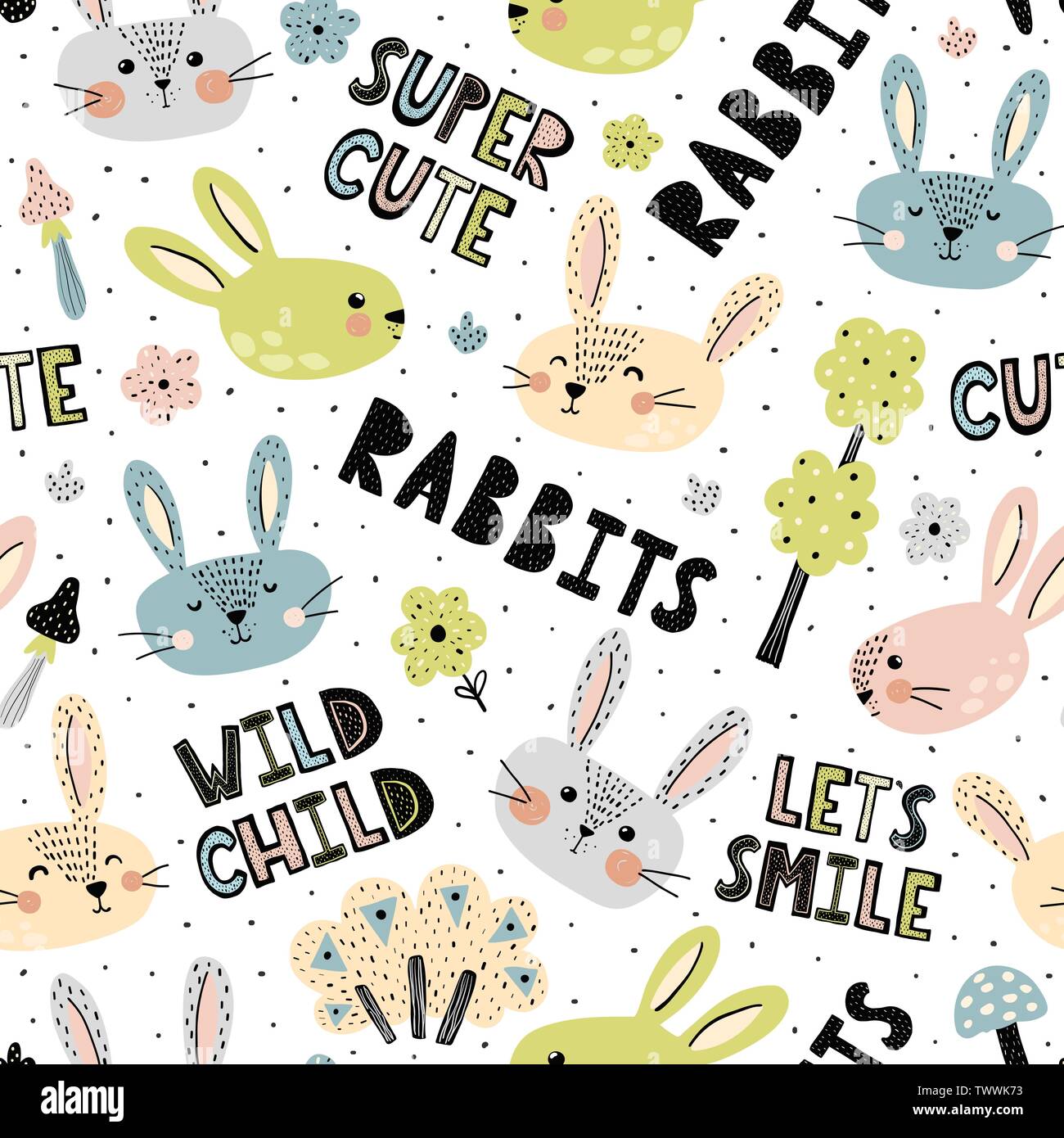 Seamless pattern with cute rabbits and hand drawn lettering. Vector ...
