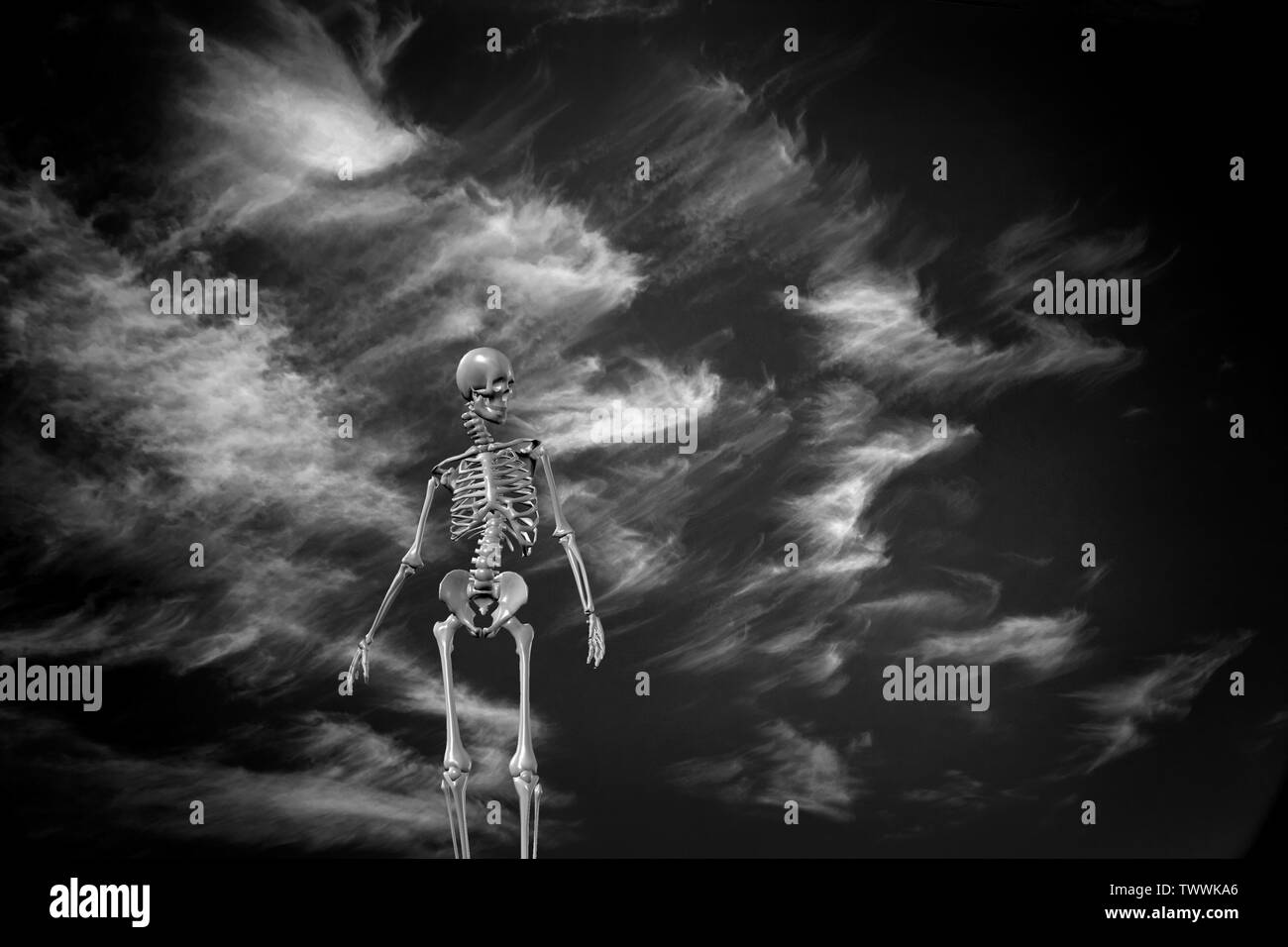 Surrealism. Skeleton with clouds on a background Stock Photo - Alamy