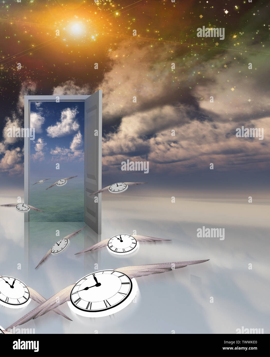 Sky fields of clouds. Opened door to another world. Winged clocks ...