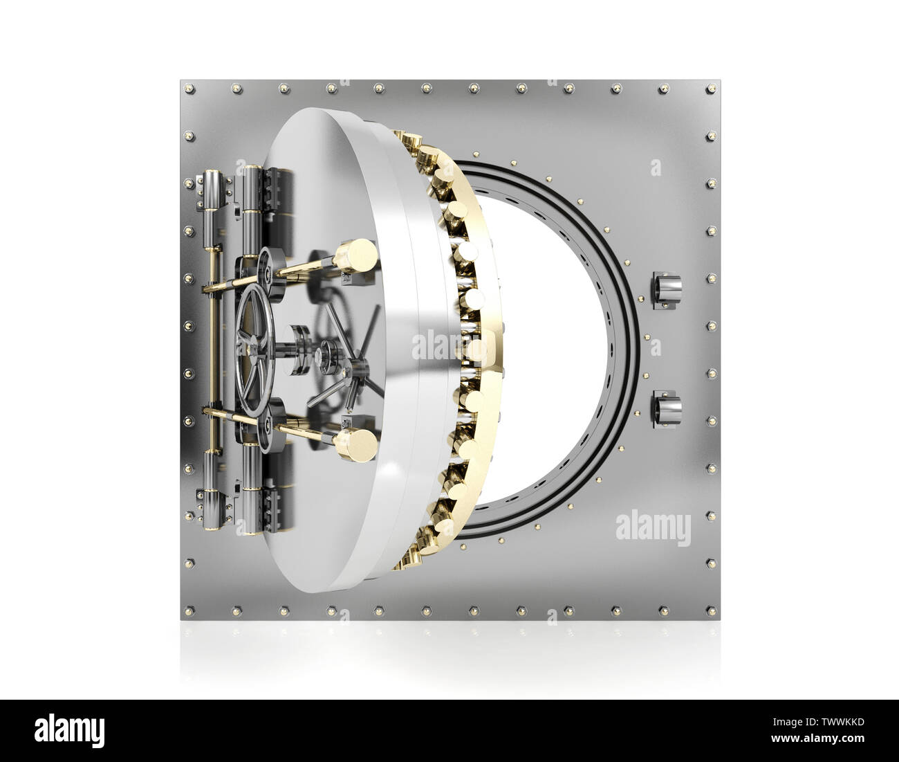 Opened bank vault door with empty white background for mock up, 3D ...