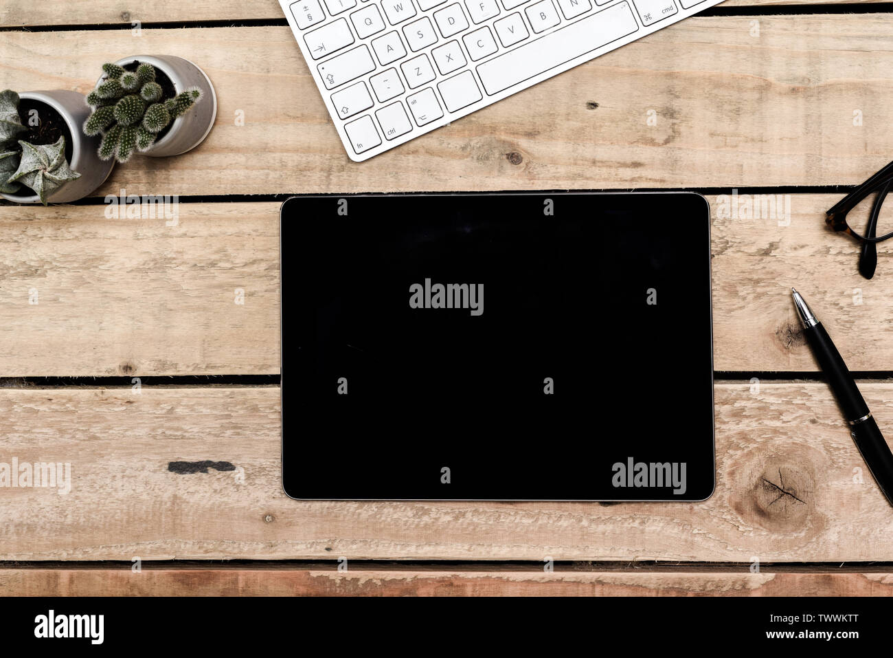 Modern office overhead view of desk and creative work place objects on ...