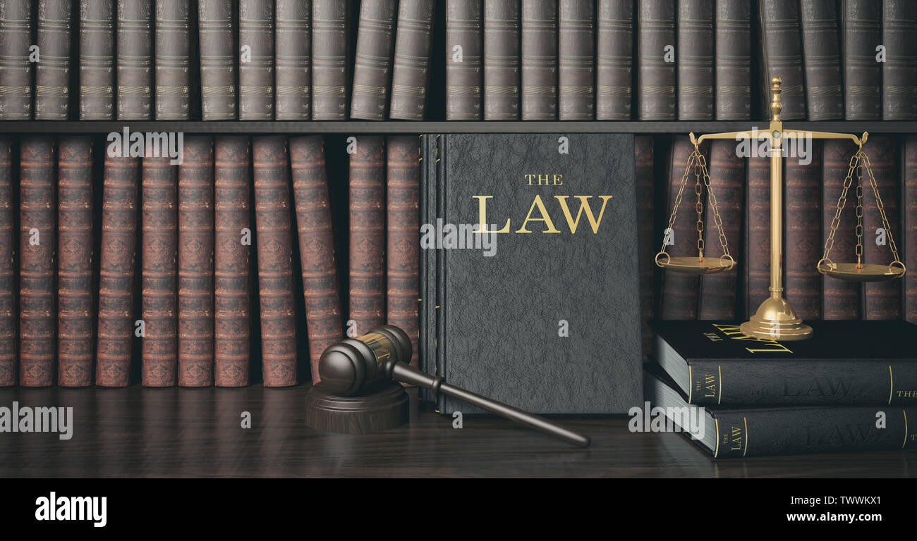 Low key filter law bookshelf with wooden judge's gavel and golden scale ...