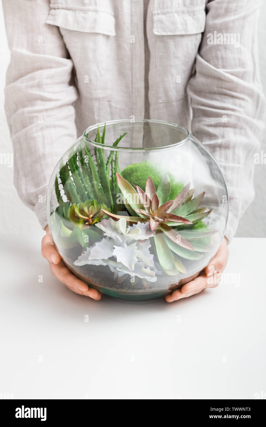 Woman holding glass florarium vase with plants Stock Photo - Alamy