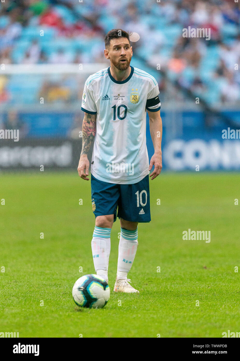 Porto Alegre, Brazil. 23rd June, 2019. Lionel Messi is bidding during a ...