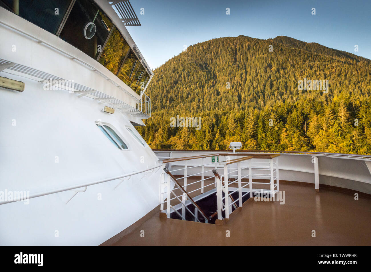 Forward outside upper deck below cruise ship bridge painted white ...