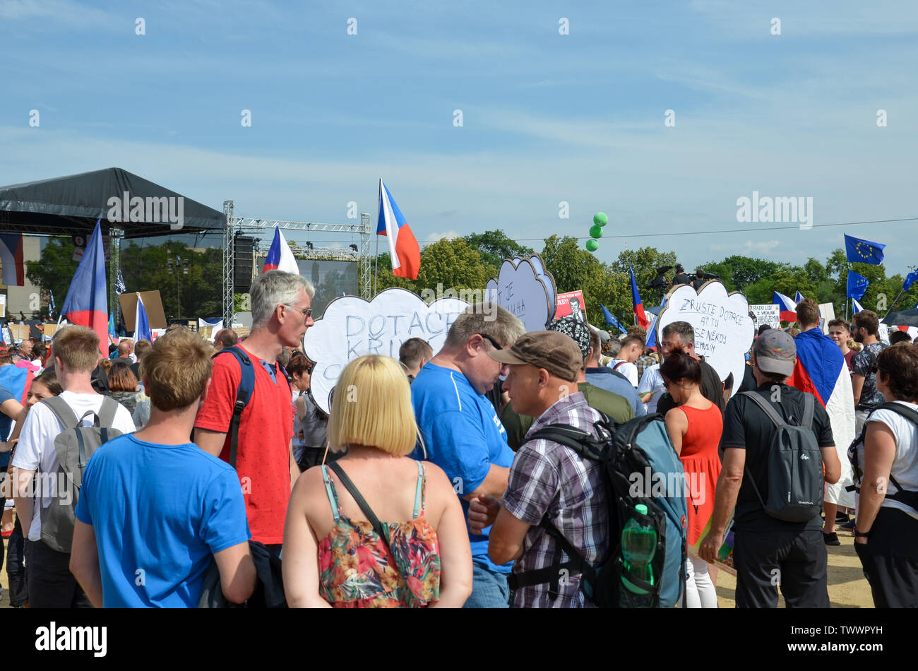 Prague, Czech Republic - June 23 2019: Crowd of people protests against ...