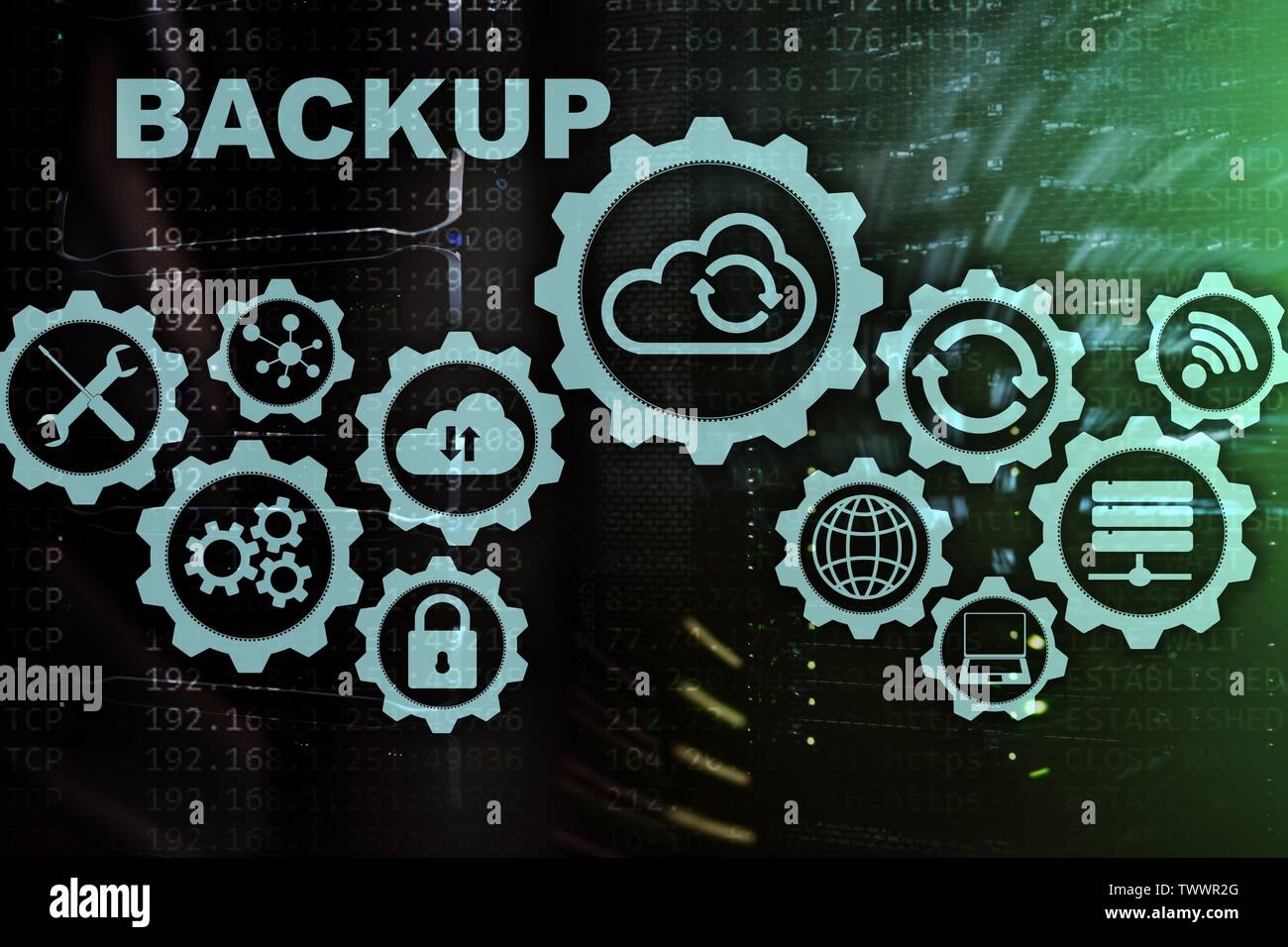 Backup System Recovery Technology Concept on modern server room ...