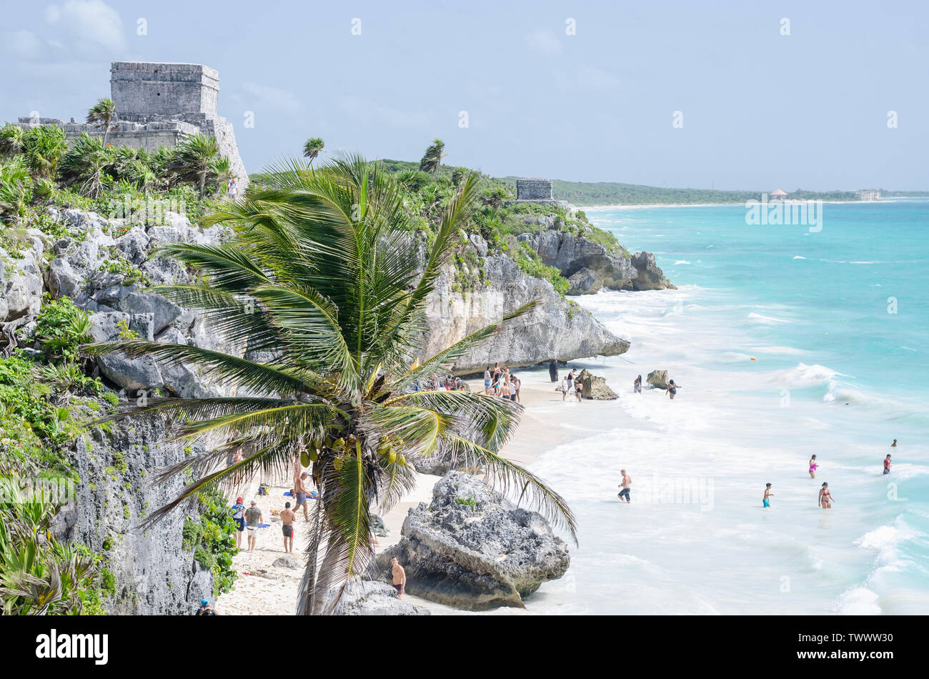 Panoramic view of Caribbean beach and Mayan Ruins of Tulum, Riviera ...