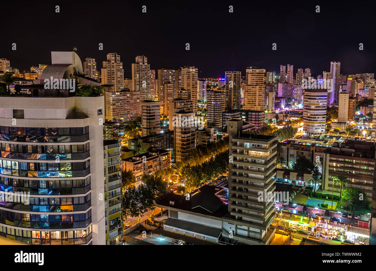 Night skyline with skyscrapers of Benidorm, in Alicante, Spain Stock ...