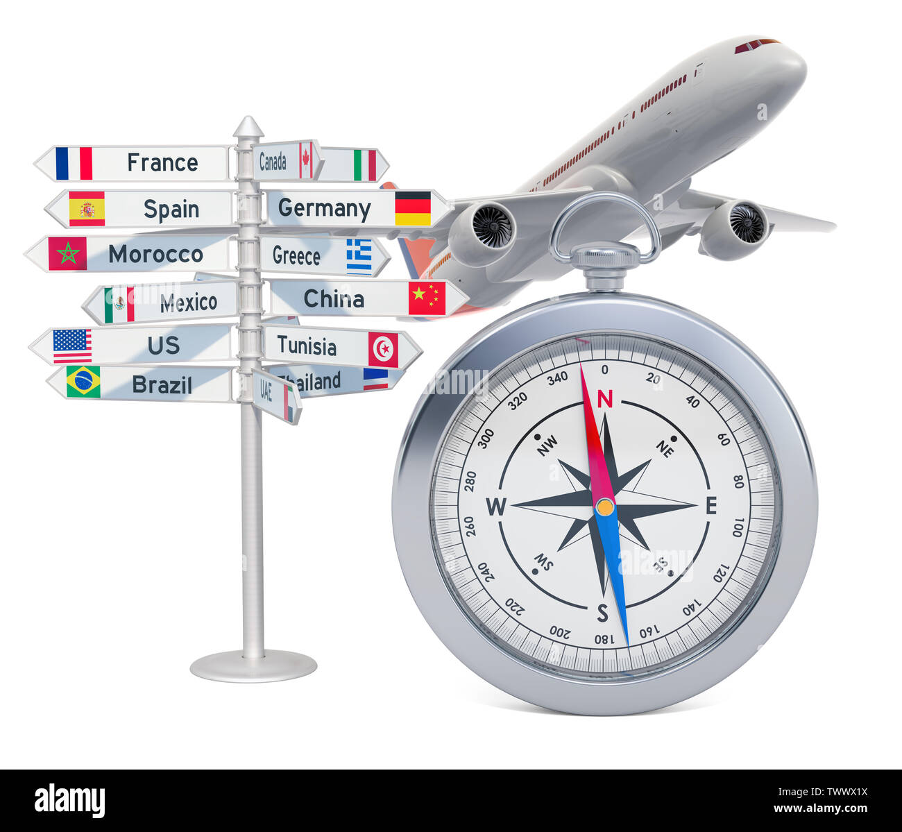 Air Travel concept. Airplane with compass, 3D rendering Stock Photo - Alamy