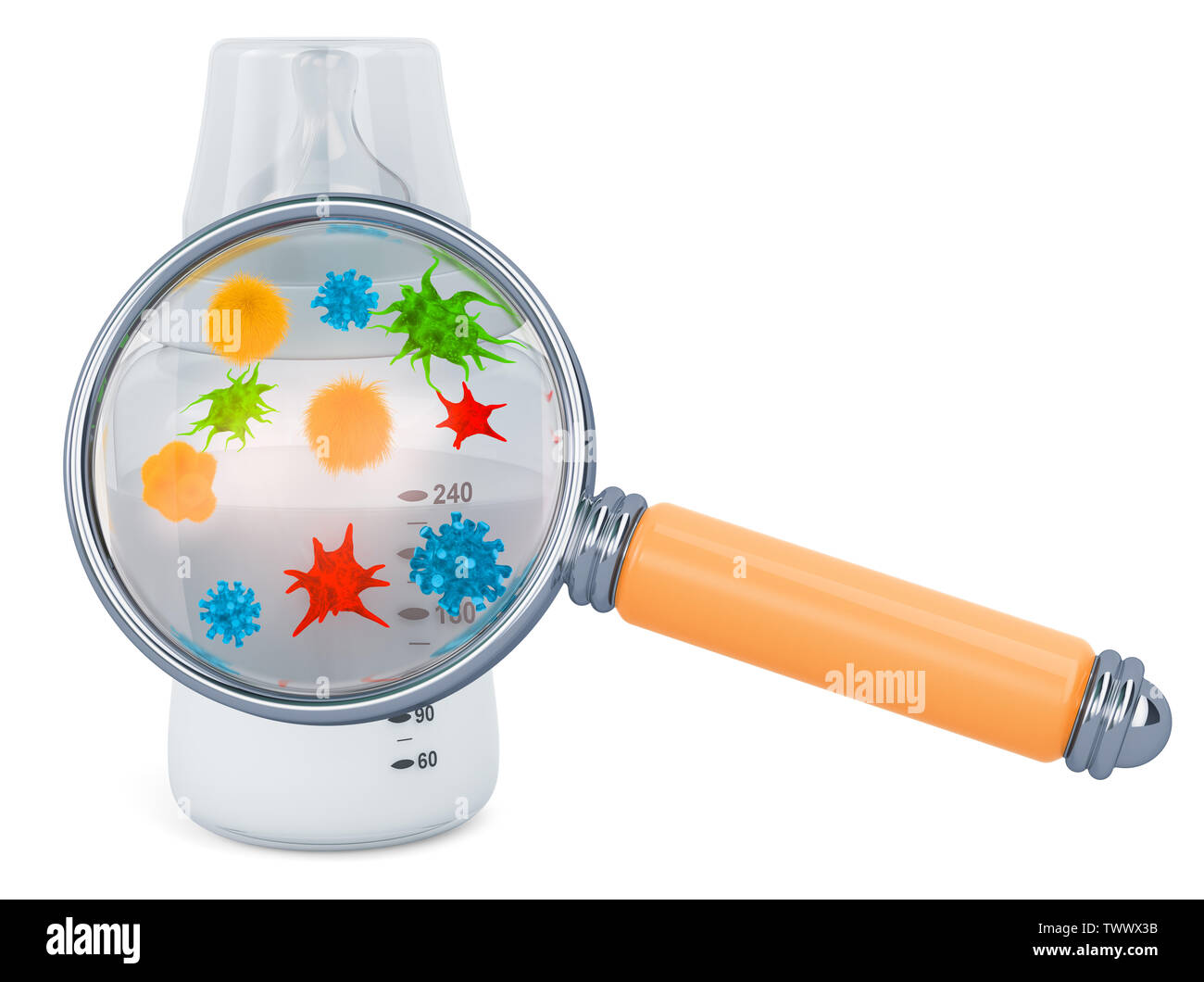 Baby bottle with germs and bacterias under magnifying glass, 3D ...