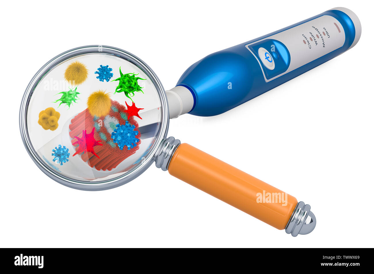 Electric toothbrush with viruses and bacterias under magnifying glass ...