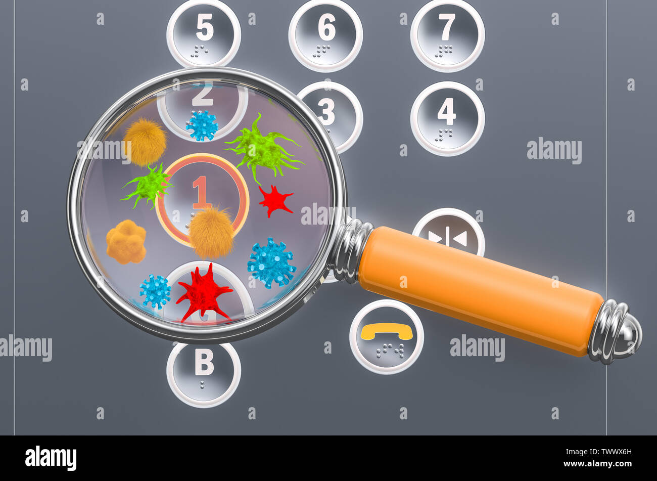 Elevator buttons with germs and bacterias under magnifying glass. 3D ...