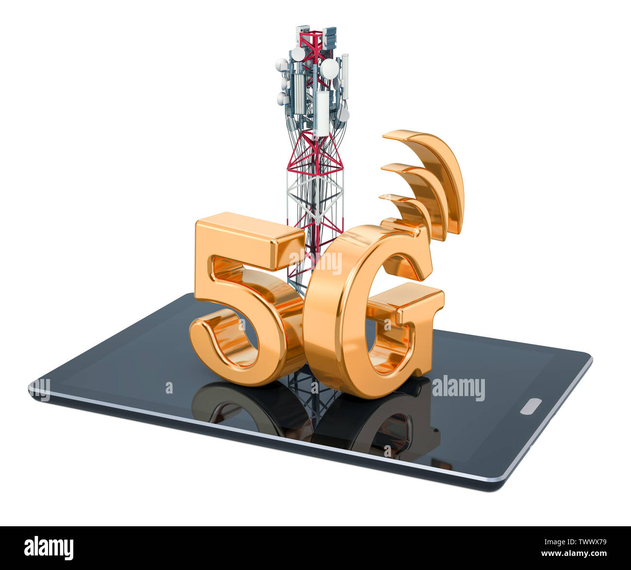 Tablet computer with mobile tower, 5G concept. 3D rendering isolated on white background Stock ...