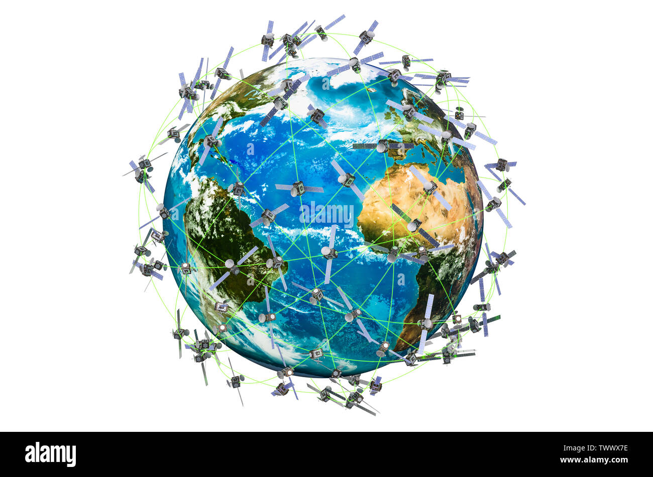 Space satellites around the Earth Globe, 3D rendering isolated on white ...