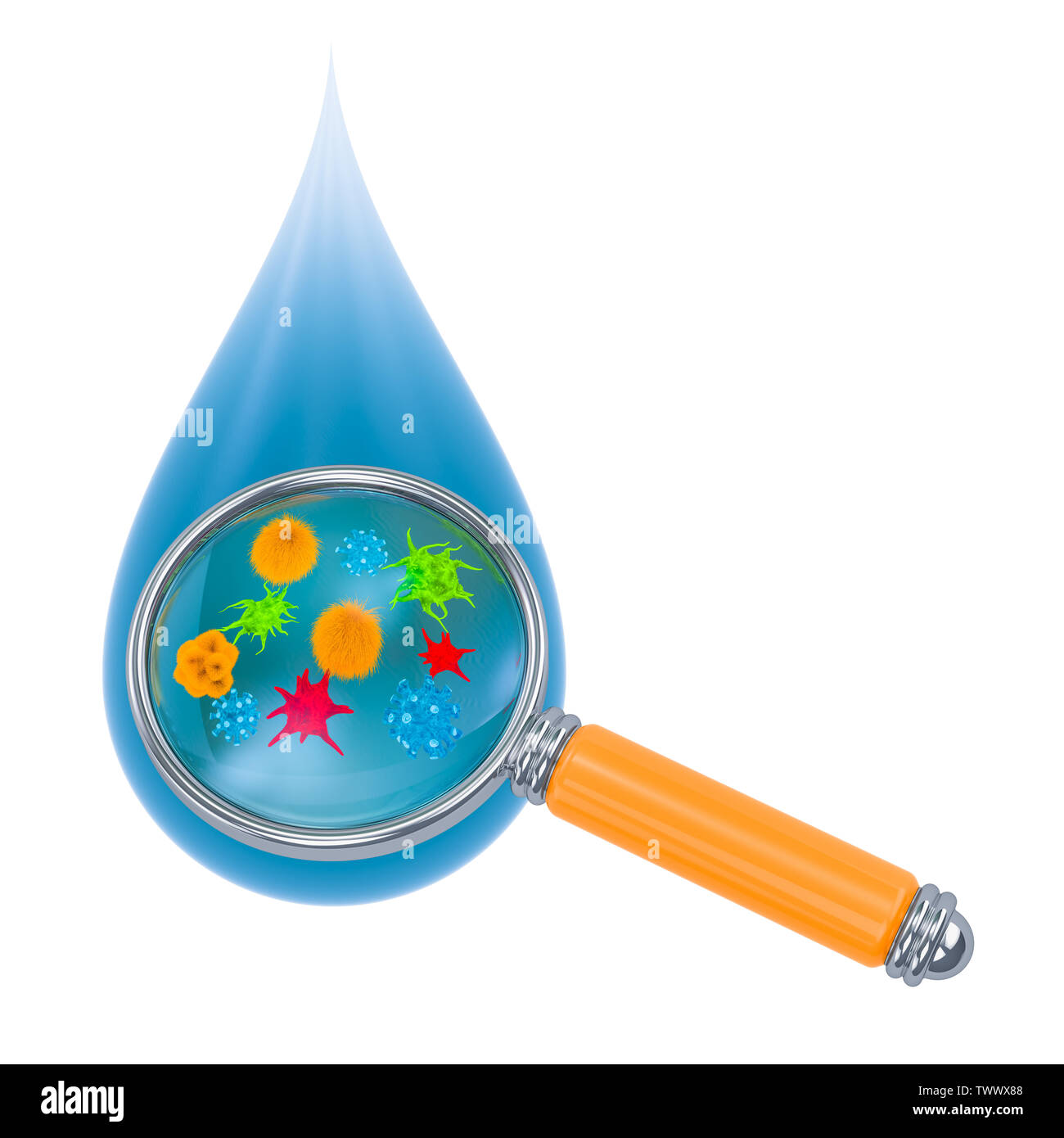 Water drop with germs and bacterias under magnifying glass. 3D ...