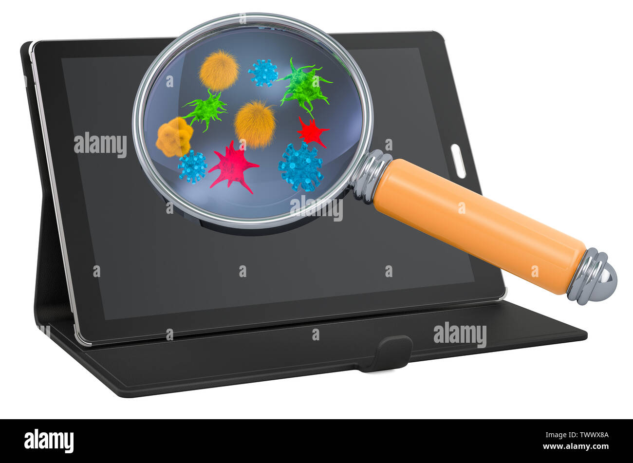 Tablet computer with viruses and bacterias under magnifying glass, 3D ...
