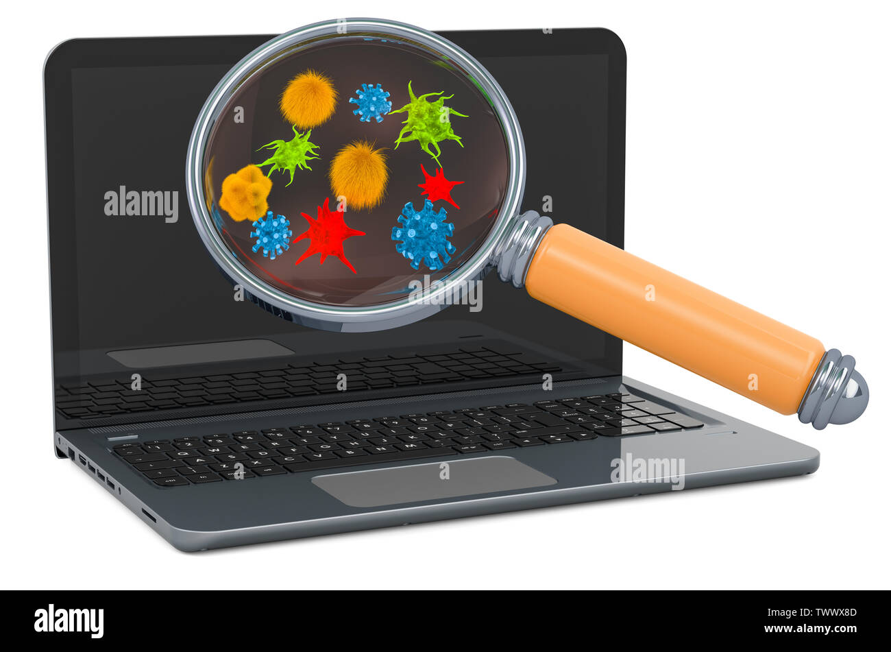 Laptop with viruses and bacterias under magnifying glass, 3D rendering ...