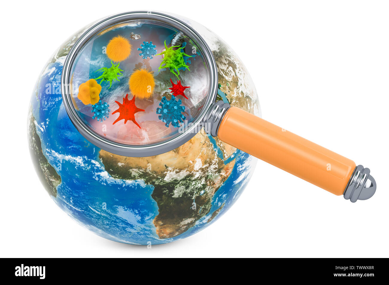 Earth globe with germs and bacterias under magnifying glass, 3D ...