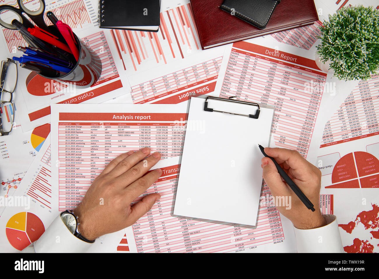 Business reports, blank paper sheet, data tables and charts - directly ...