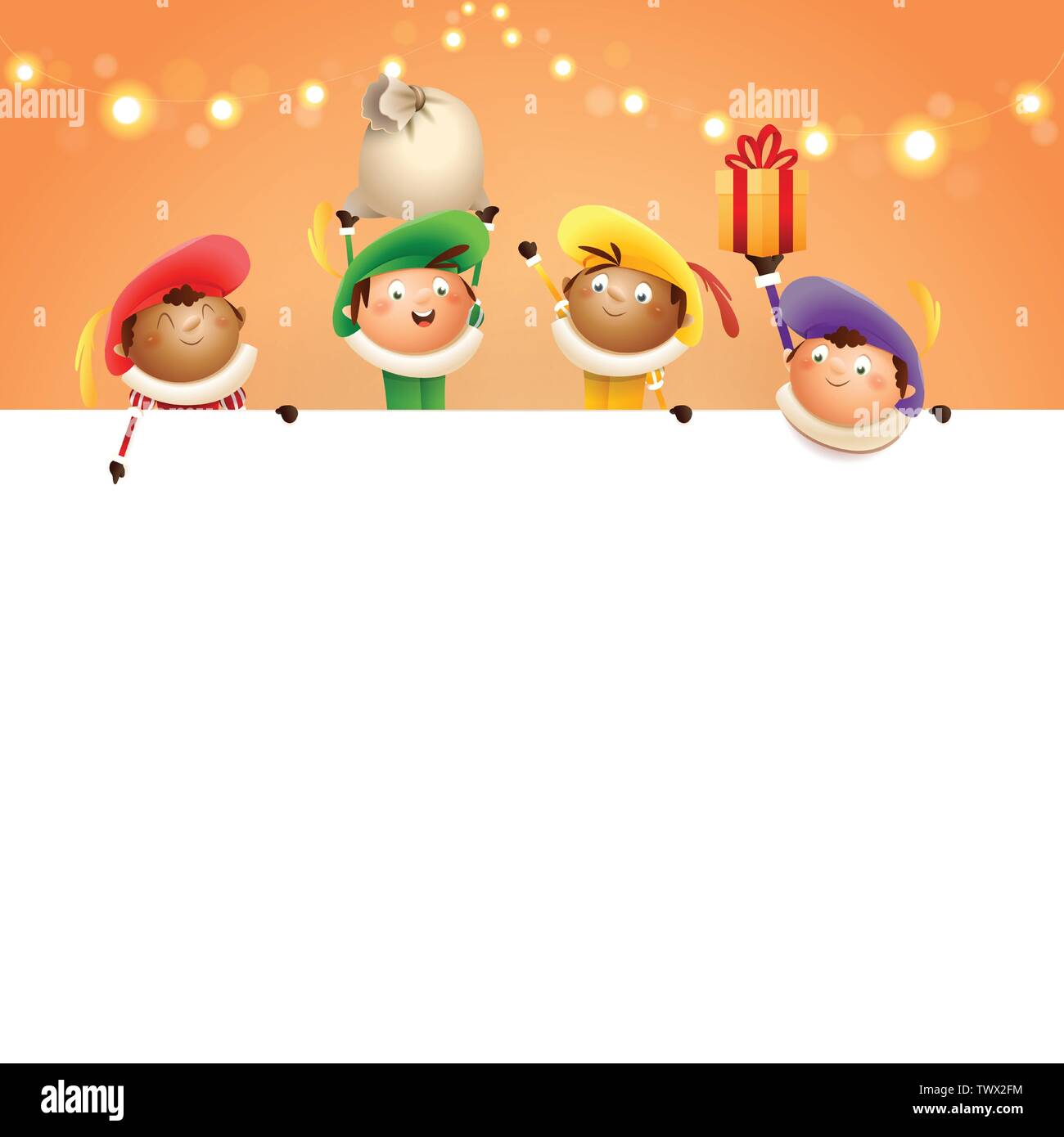 Saint Nicholas helpers on board - happy cute characters celebrate Dutch ...