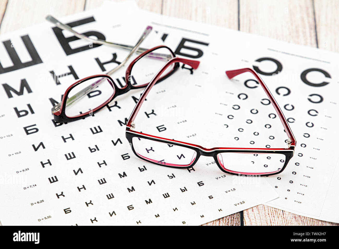 Checking visual acuity. Eye sight glasses and tables Stock Photo - Alamy