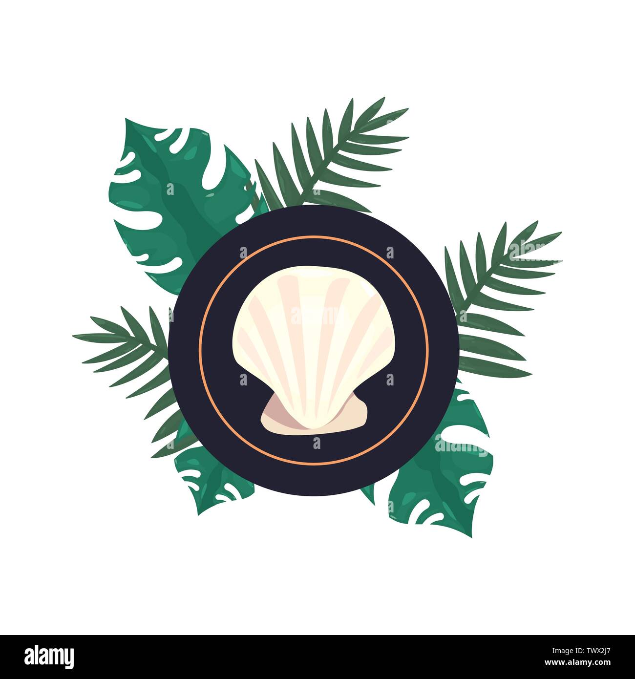summer time holiday shell badge tropical leaves vector illustration ...