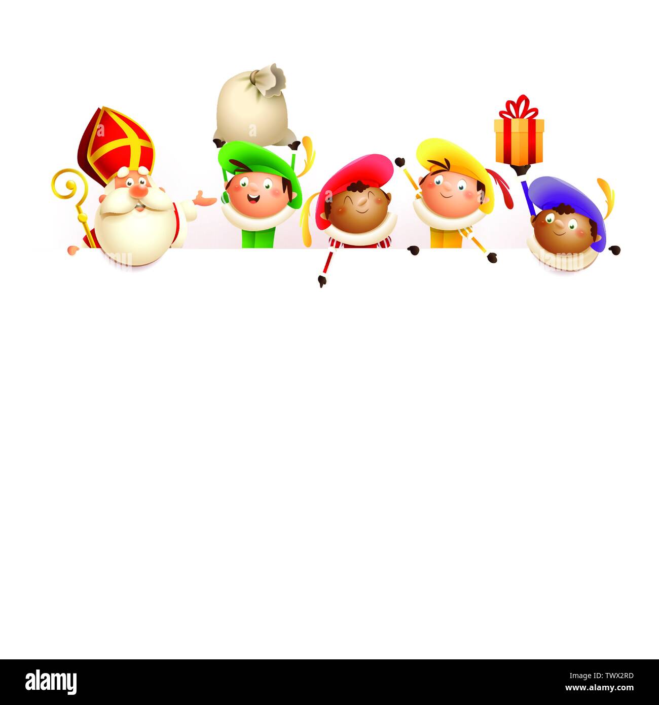 Saint Nicholas and helpers on board - happy cute characters celebrate ...