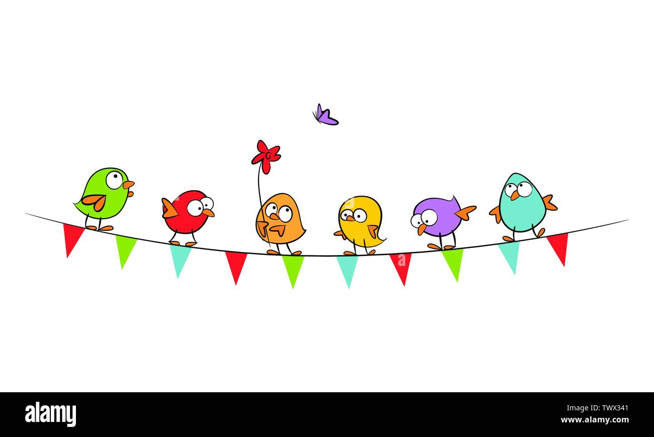 Funny Birds on bunting flags celebrate spring - colorful hand drawn ...