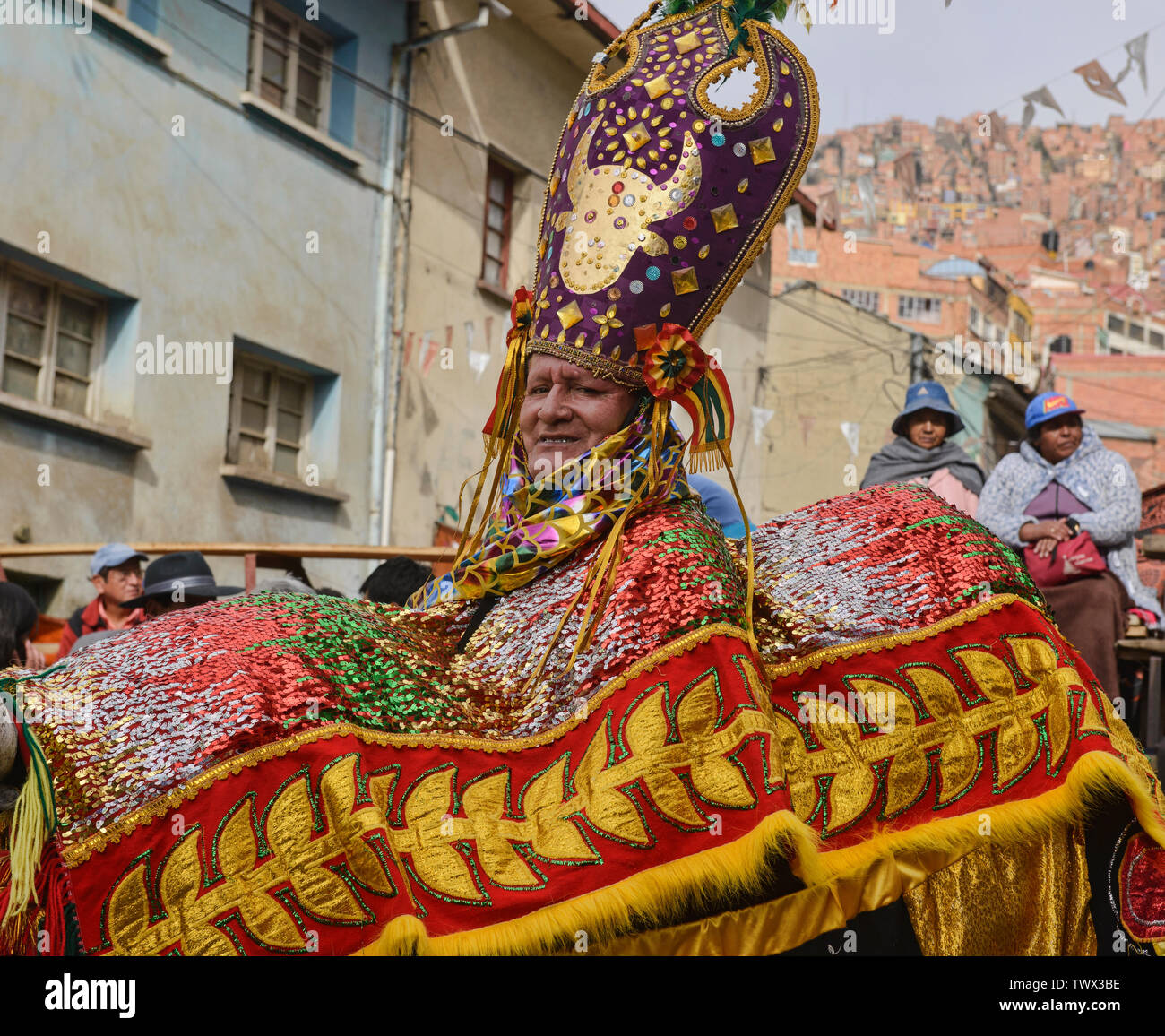 Costumed dancer at the colorful Gran Poder Festival, La Paz, Bolivia ...