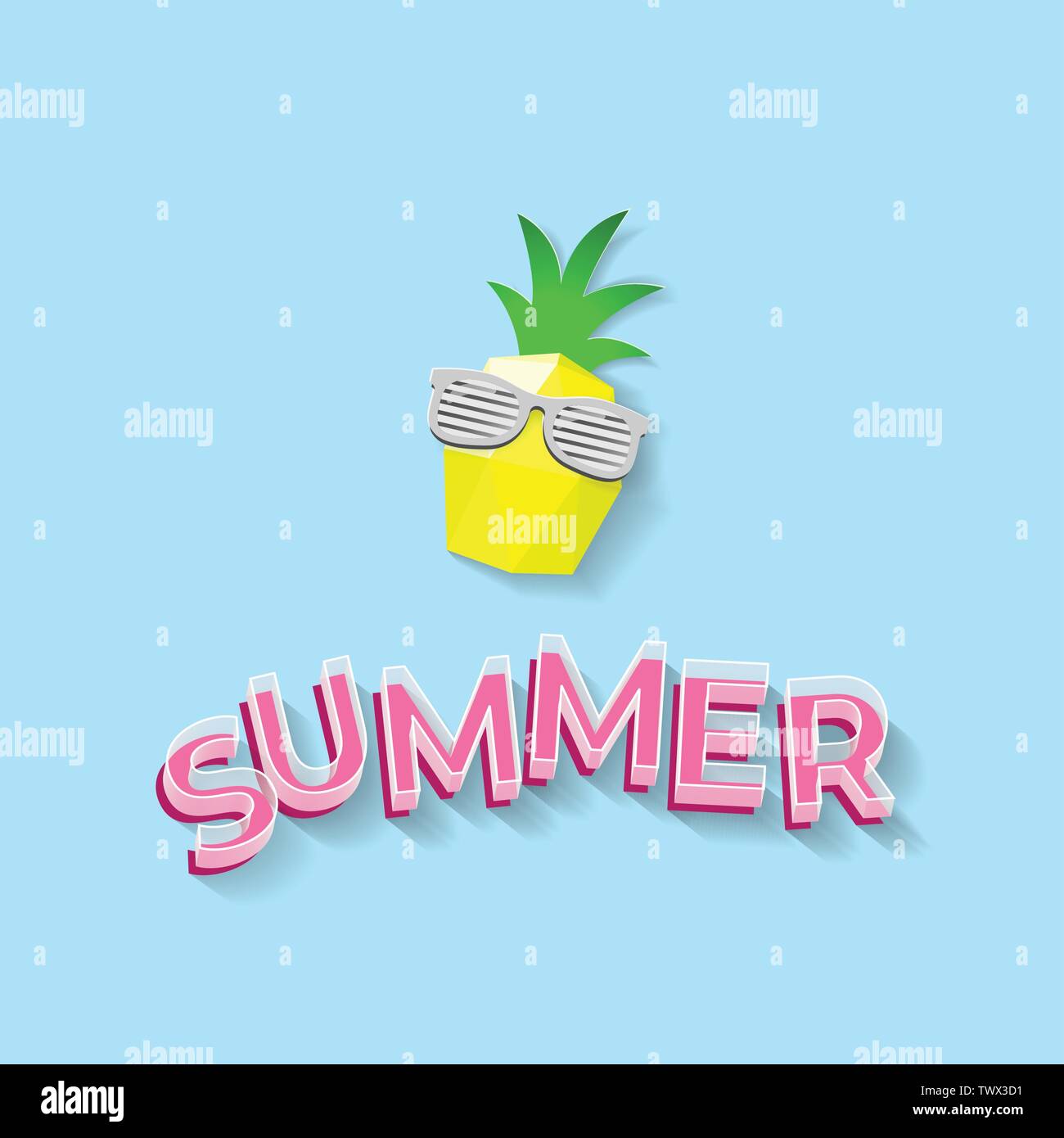 3D summer text and paper art low poly pineaplle with sunglasses ...