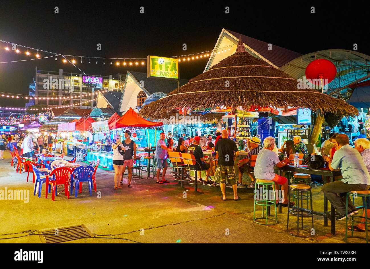 PATONG, THAILAND - MAY 1, 2019: The night bar of Otop Market, with ...