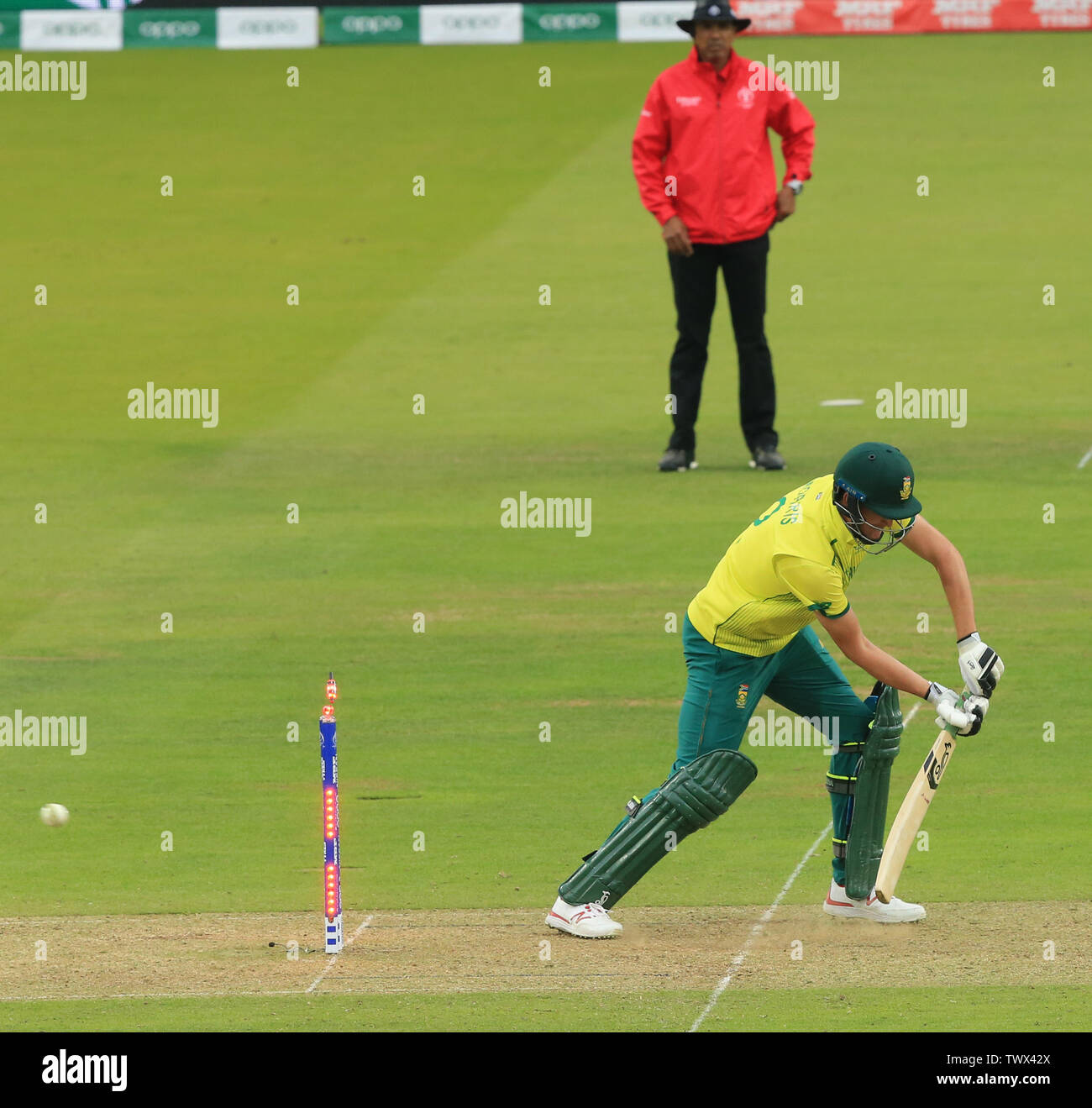 LONDON, ENGLAND. 23 JUNE 2019: Chris Morris of South Africa is bowled ...