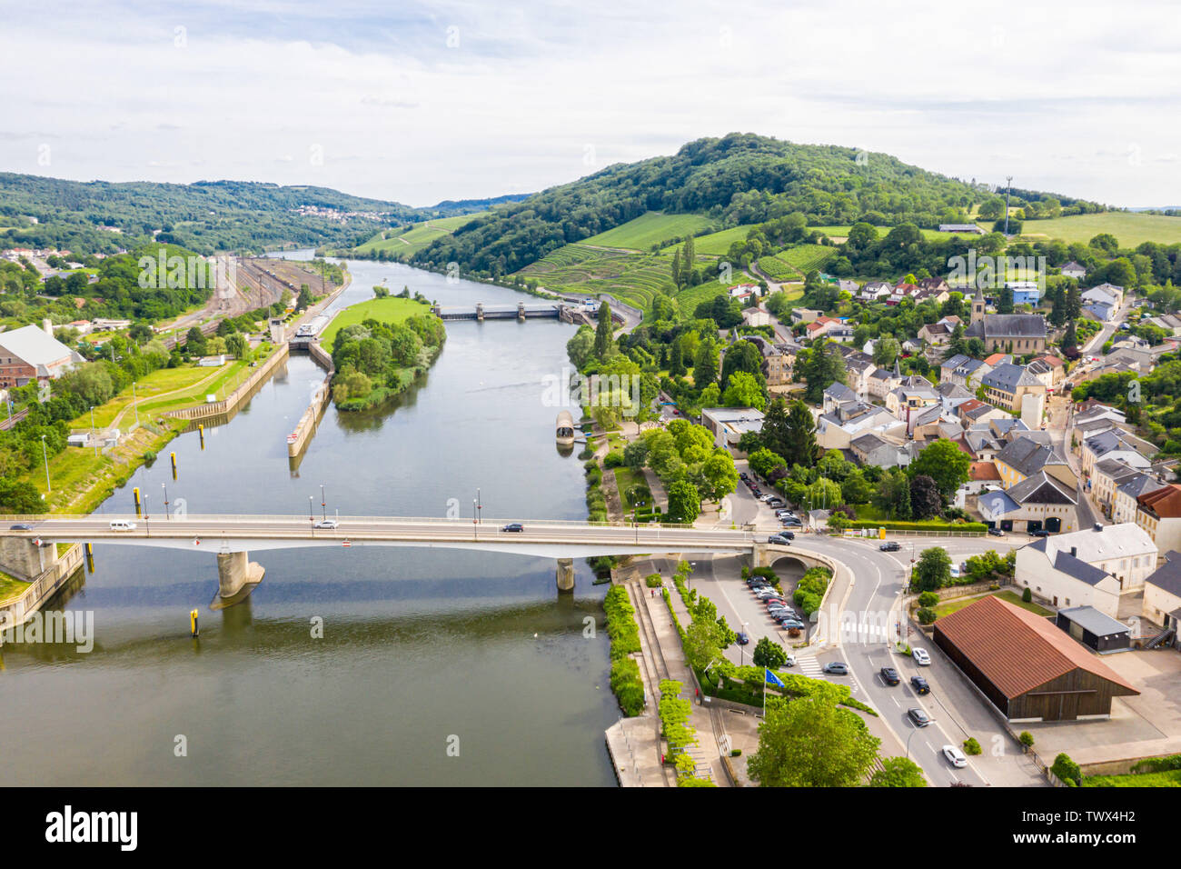 Aerial view of Schengen town center over River Moselle, Luxembourg, the ...