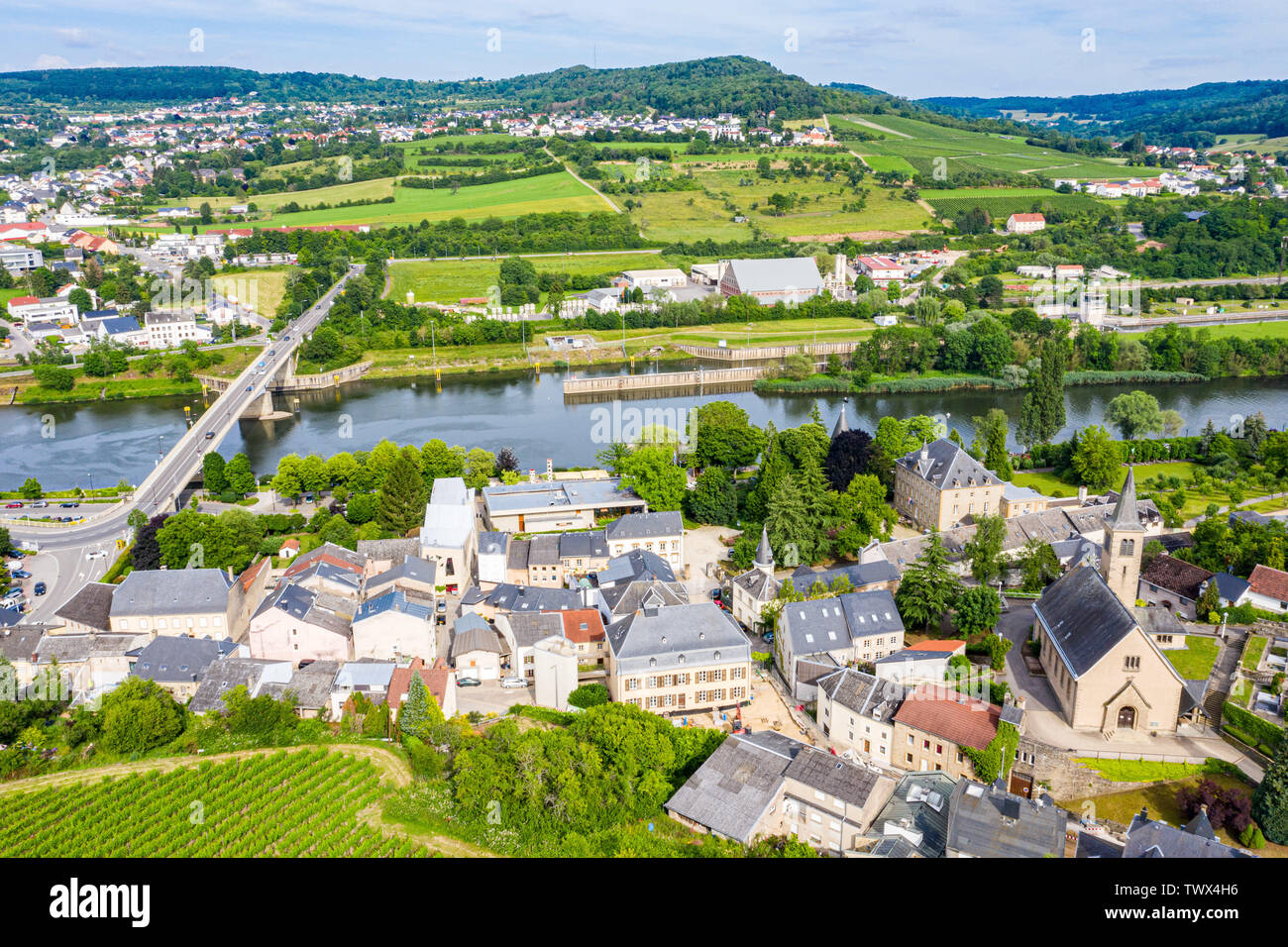 Aerial view of Schengen town center over River Moselle, Luxembourg, the ...