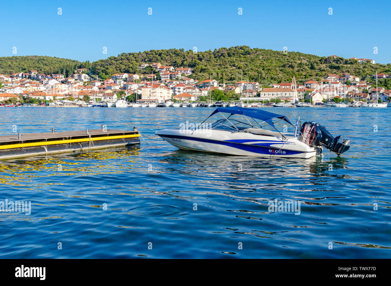 View of the port and embankment from the fortress of the city of Trogir ...