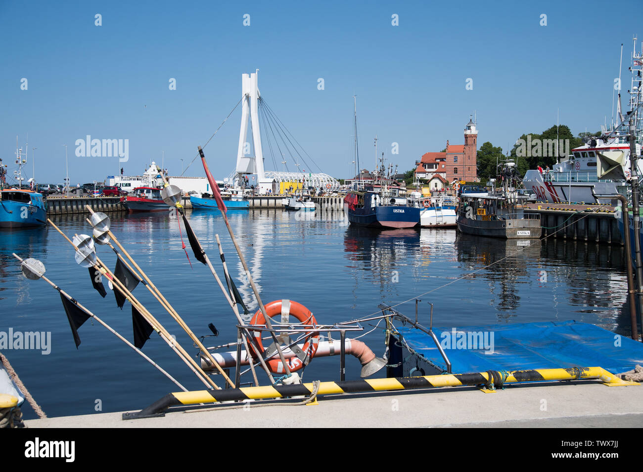 Fishing harbour and pedestrian bridge in Ustka, Poland June 17th 2019 ...