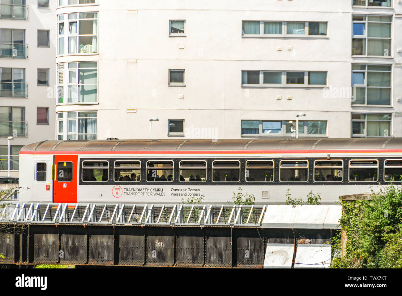 CARDIFF, WALES - JUNE 2019: Commuter train in Cardiff city centre in ...