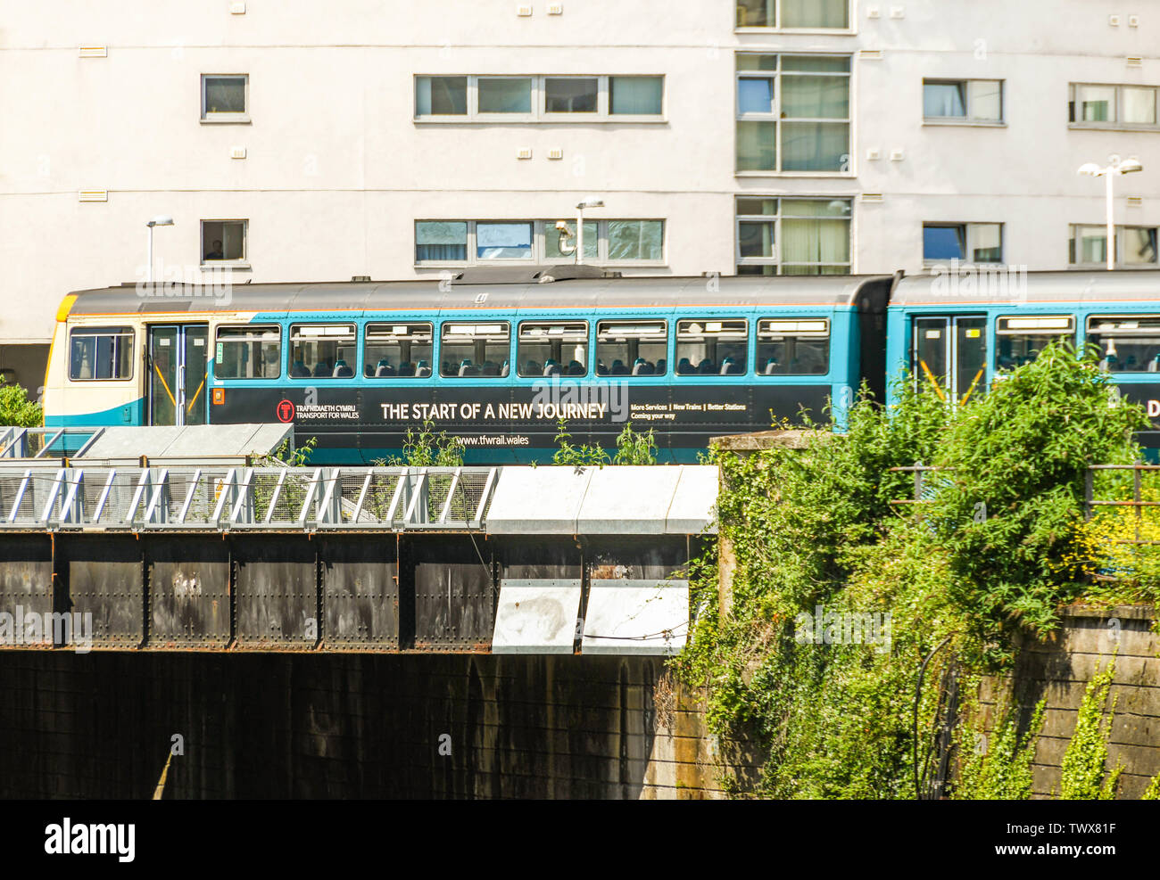 CARDIFF, WALES - JUNE 2019: Commuter train in the interim livery of ...