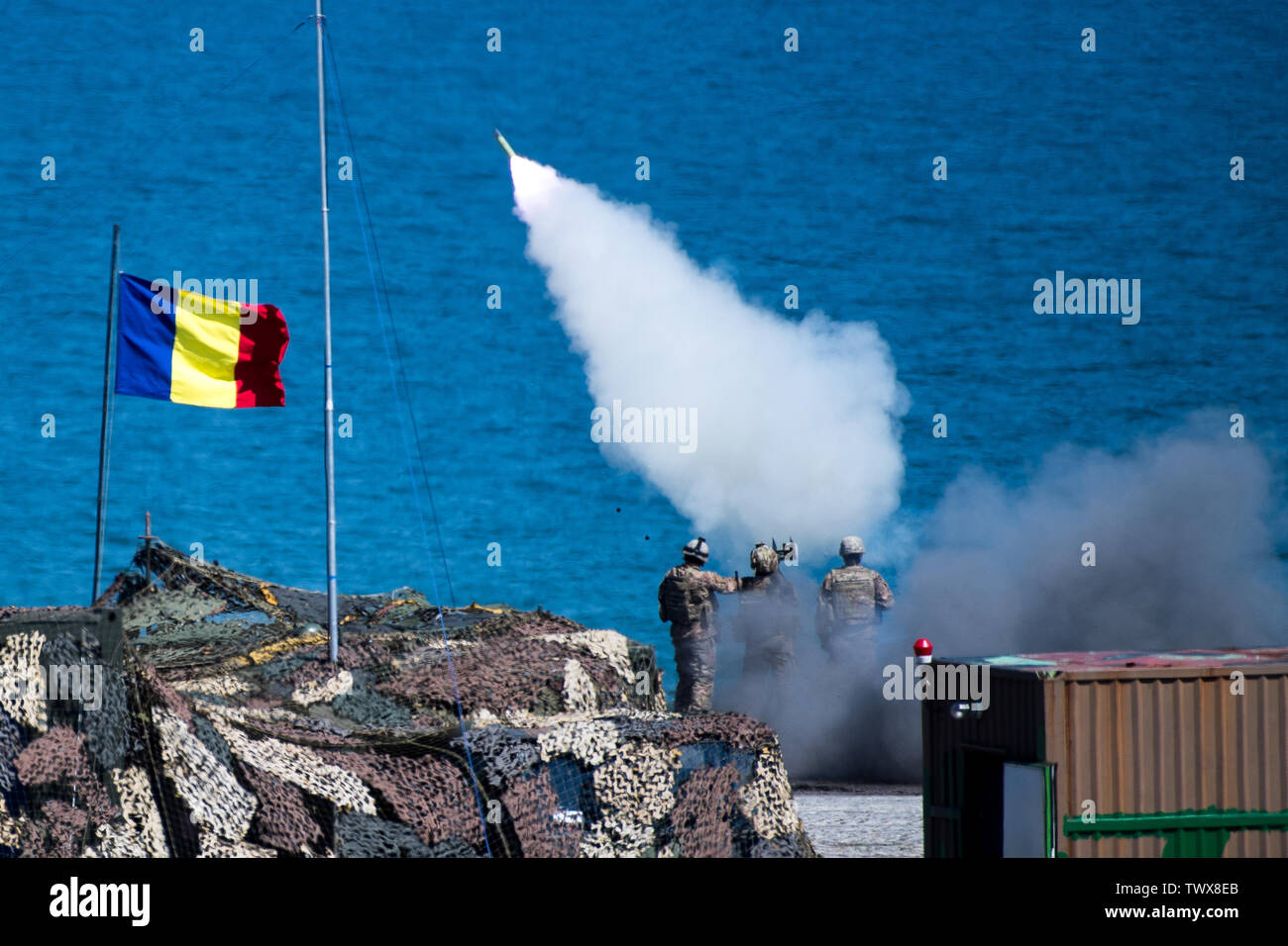 Man-portable surface-to-air missile FIM-92 Stinger fired by US Army ...