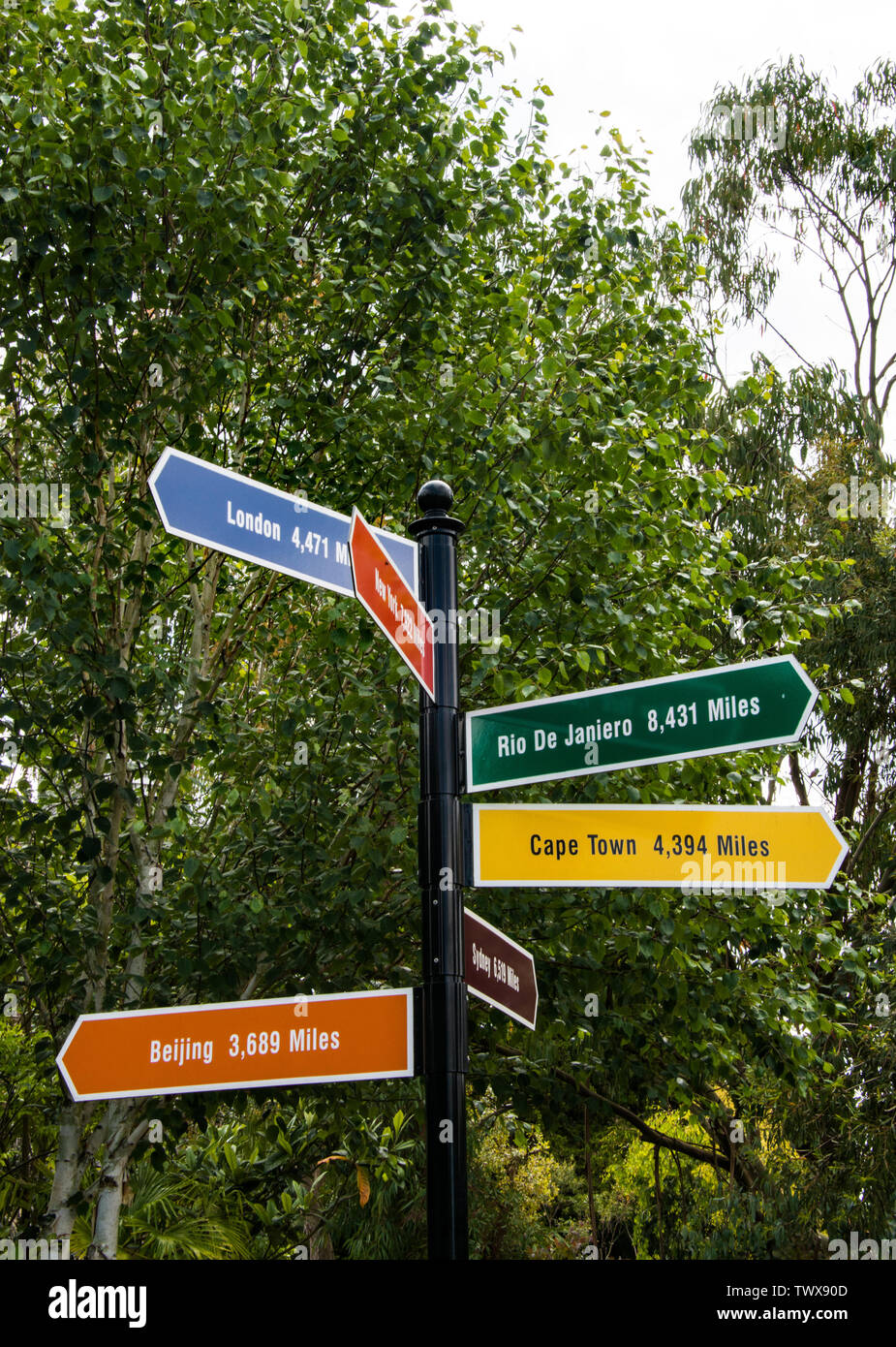 World Travel sign post, Lullingstone Castle, Kent, UK Stock Photo - Alamy