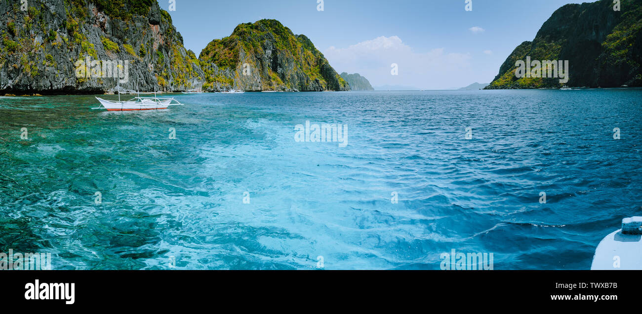 Palawan Bacuit archipelago. Panoramic shot of ocean strait between ...