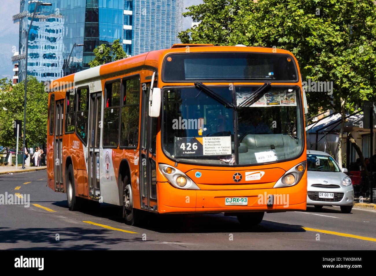 SANTIAGO, CHILE - OCTOBER 2014: A public transport bus at downtown ...