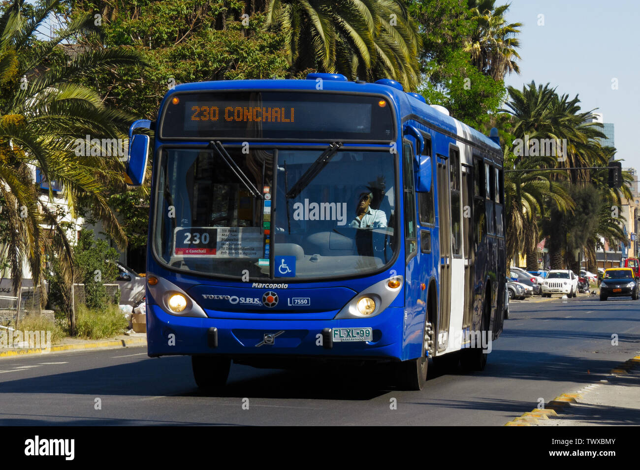 SANTIAGO, CHILE - OCTOBER 2014: A public transport bus at downtown ...
