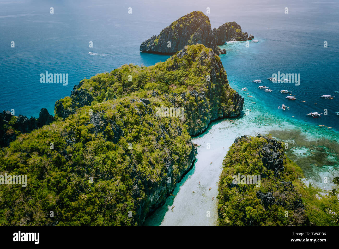 Aerial drone view of entrance to shallow tropical Big and Small Lagoon ...