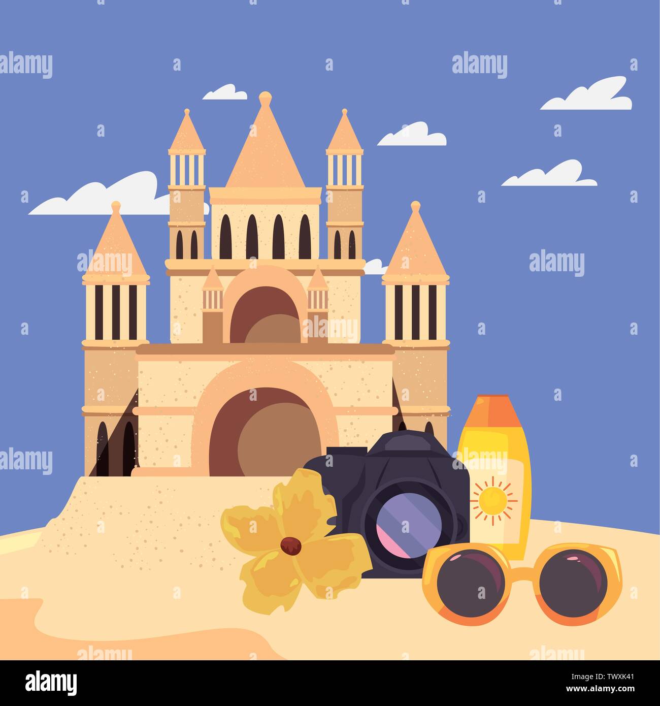 summer time holiday sand castle sunglasses camera sunblock vector ...